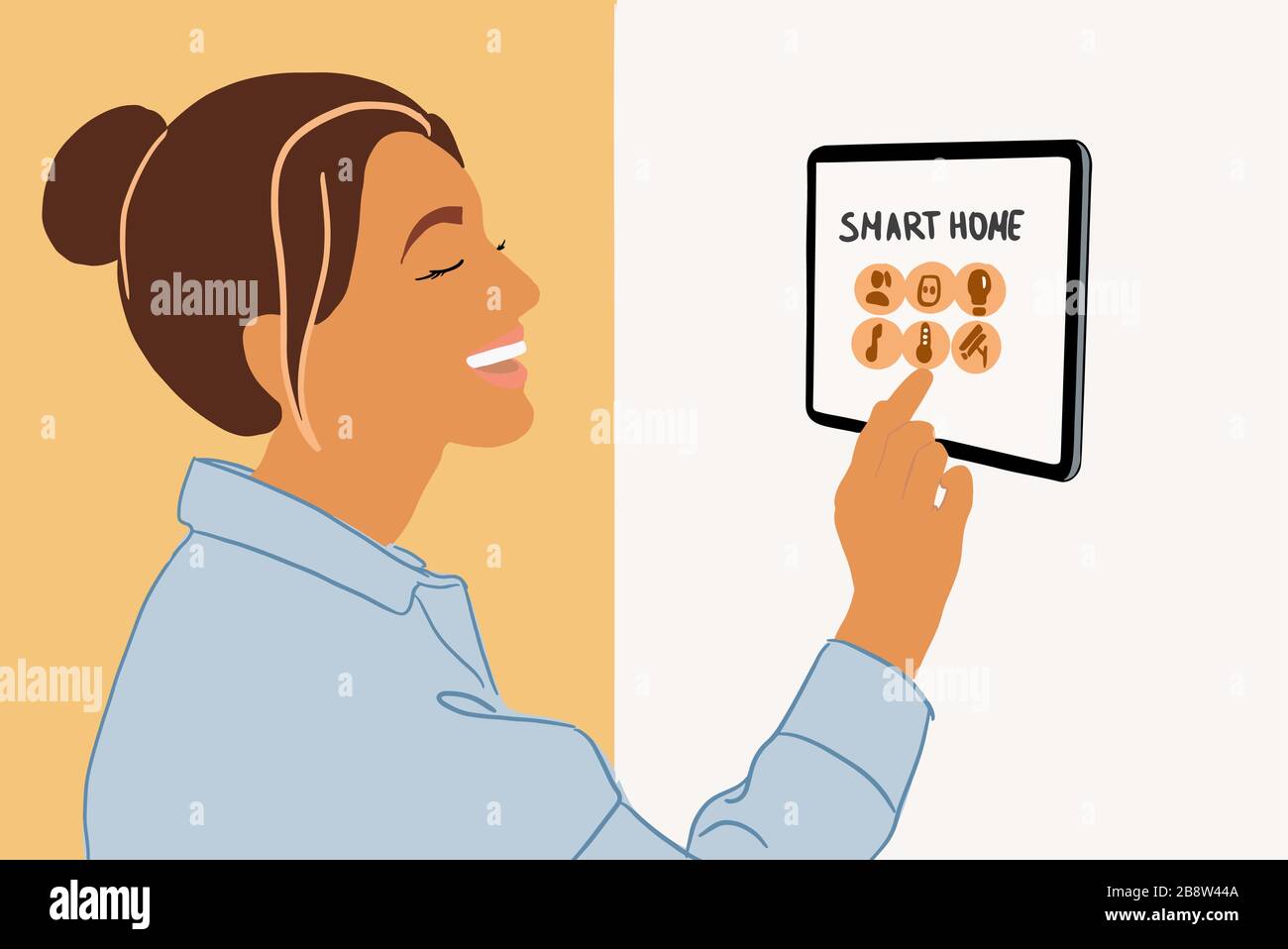 Woman controlling home with a digital touch screen panel installed on ...