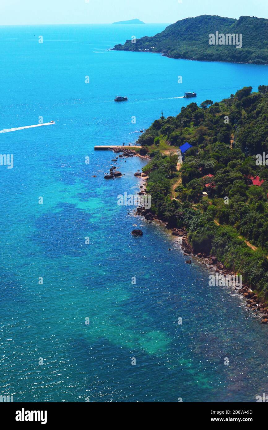 Green Tropical Vietnamese Island Phu Quoc aerial view. Beautiful sea ...