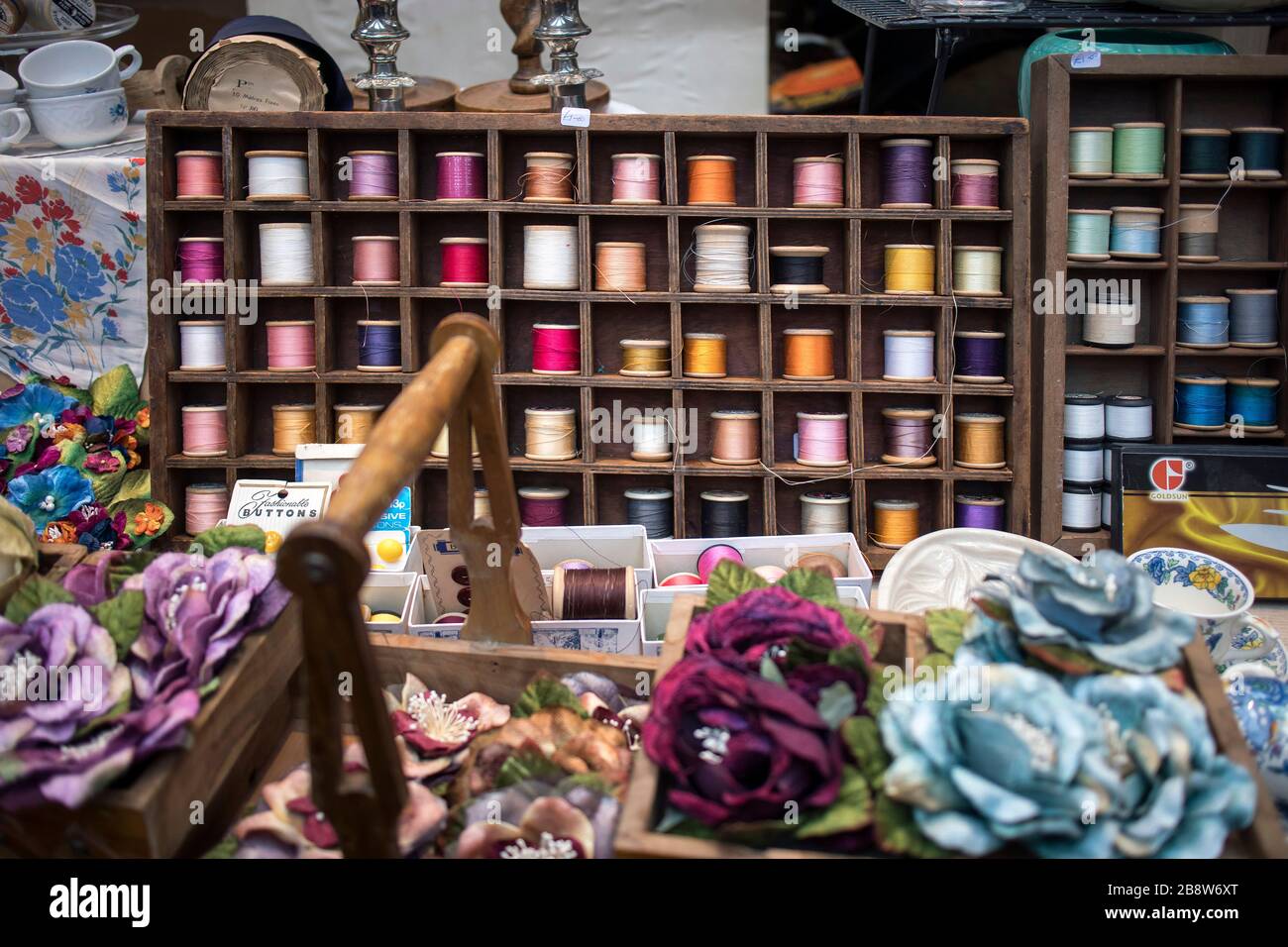 London, UK - 13 February, 2020 Spitalfields flea market. Multi-colored ...
