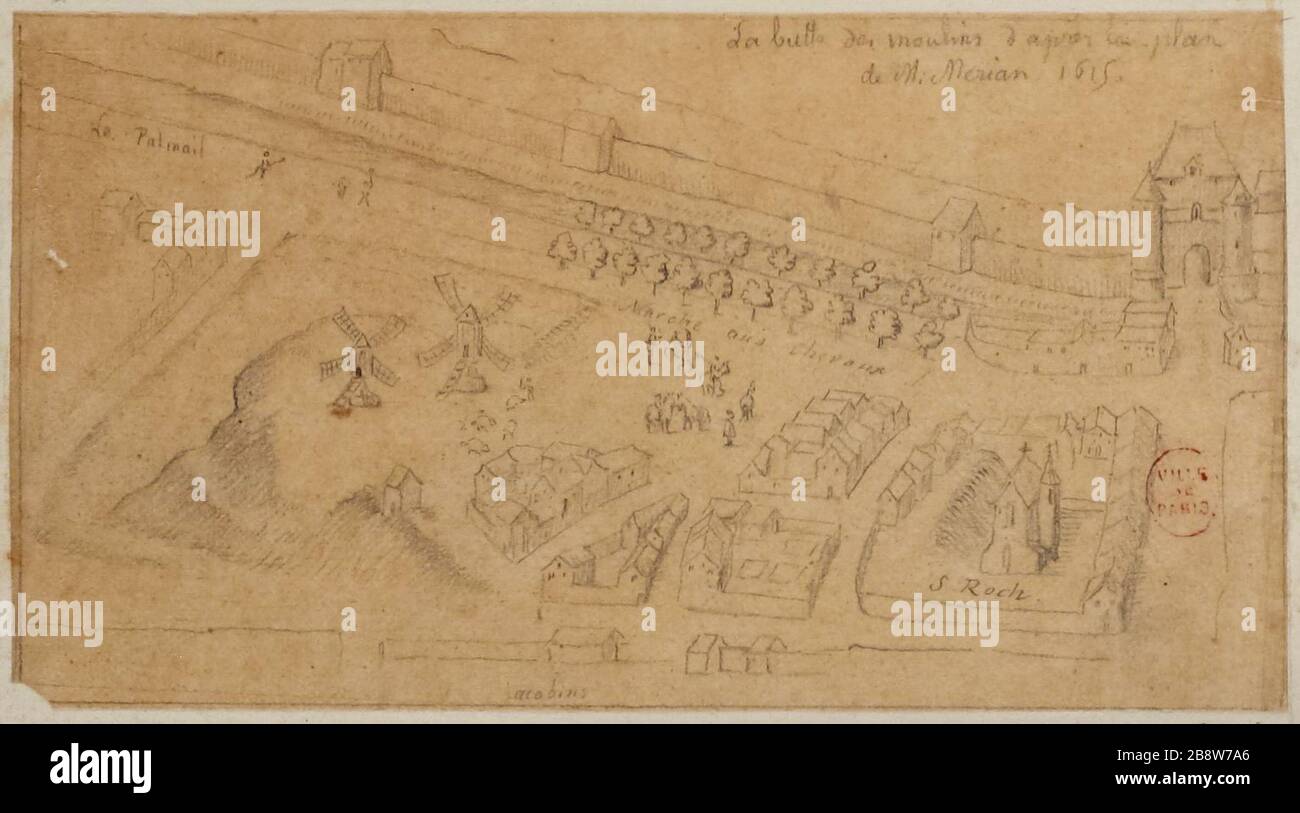 The hill St. Roch and its two mills (from a map of 1615 Stock Photo - Alamy