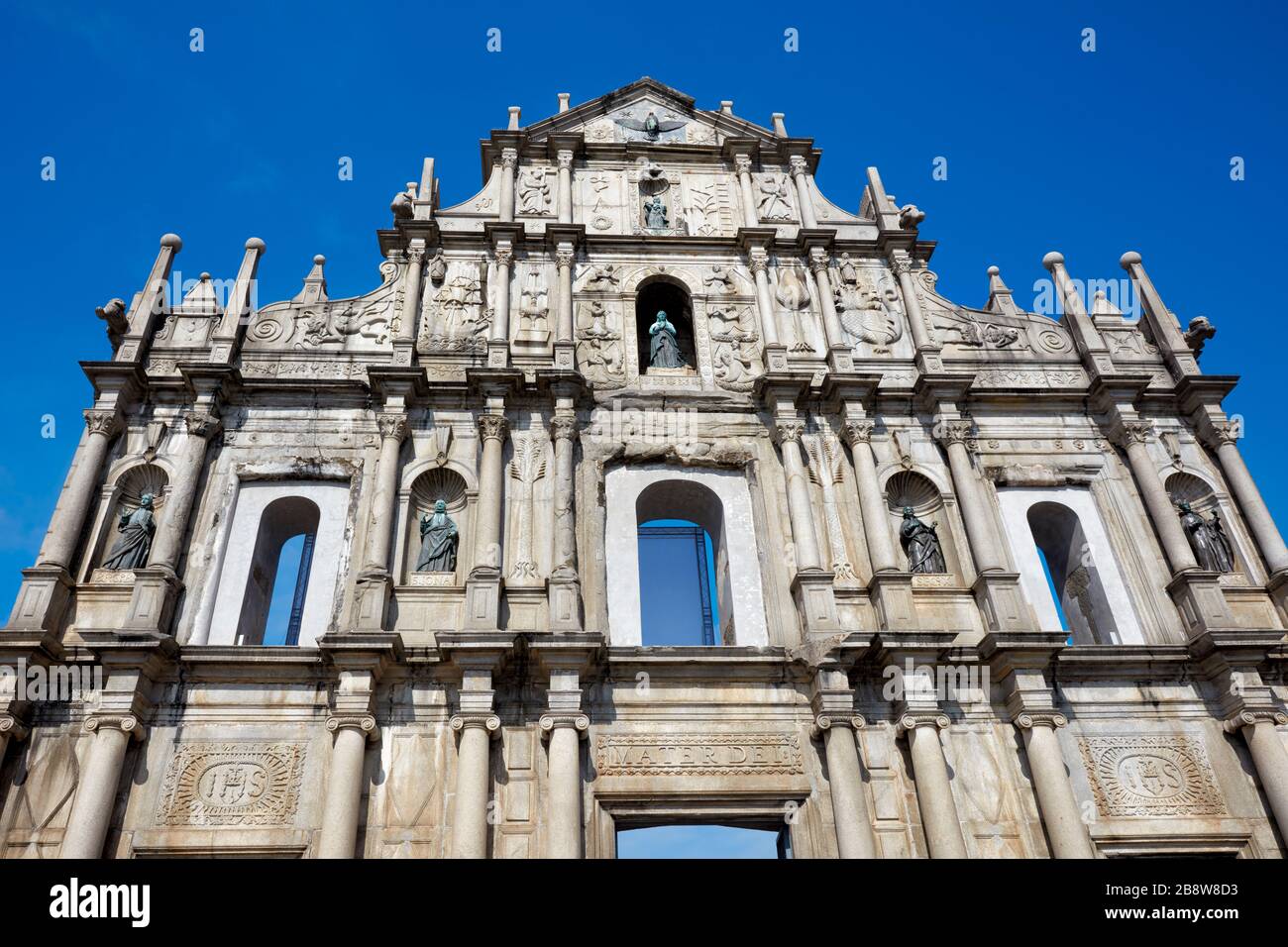 Intricately carved southern stone facade of the Ruins of Saint Paul's ...
