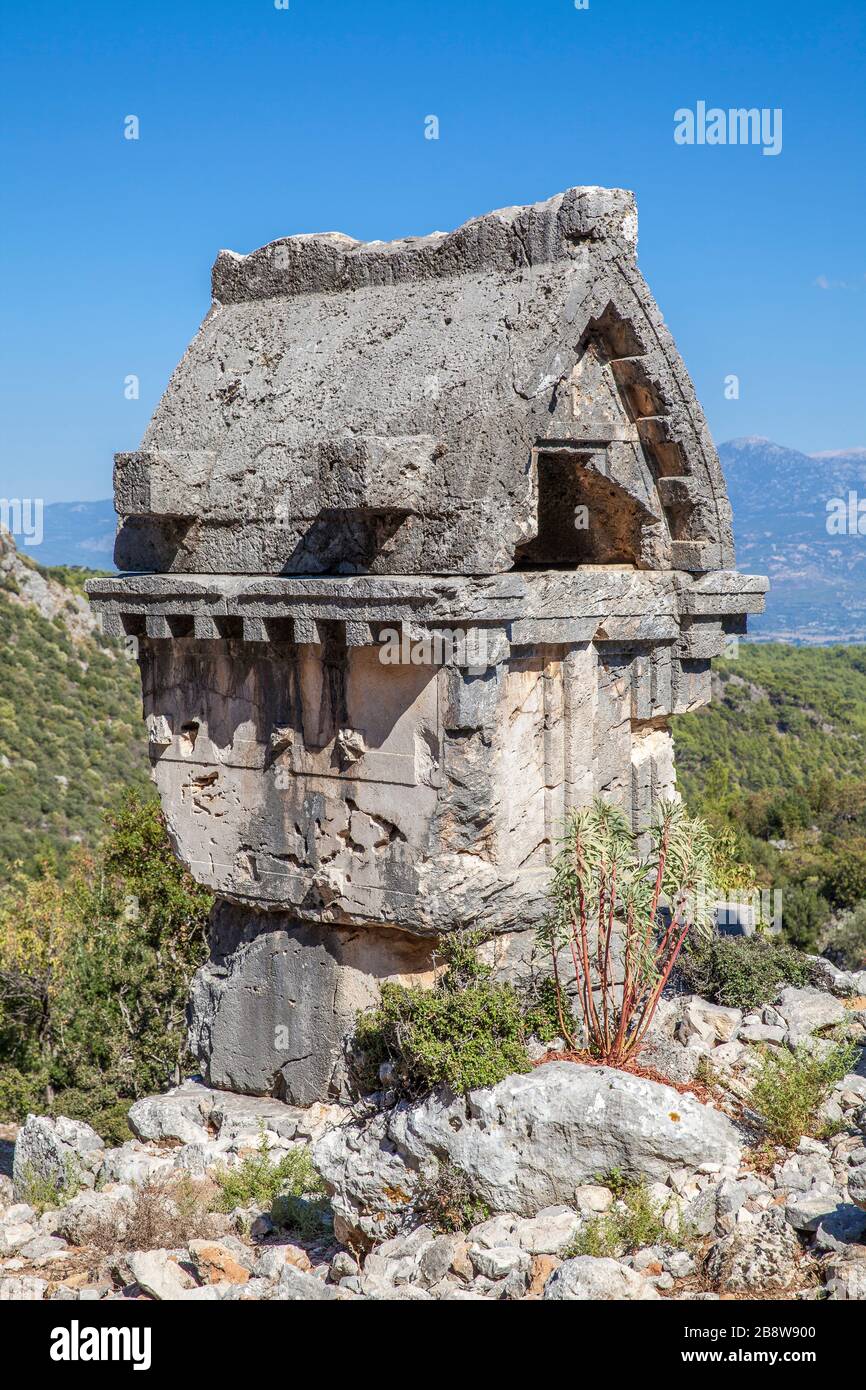 The sarcophagus in the necropolis in the ancient city of Pinara ...