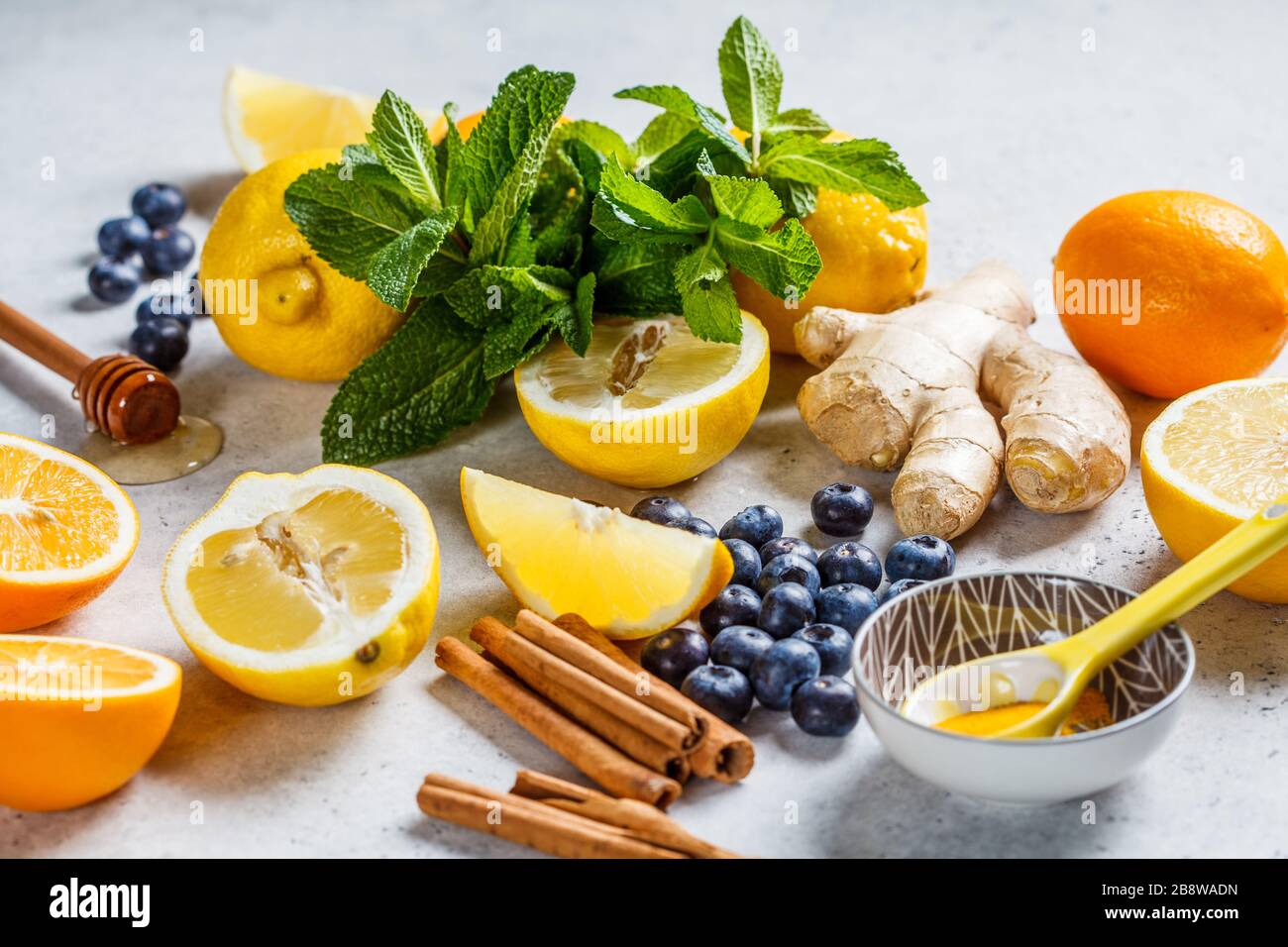 Healthy ingredients for immunity and anti-flu. Citrus fruits, ginger ...