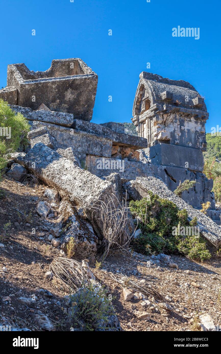 The sarcophagus in the necropolis in the ancient city of Pinara ...