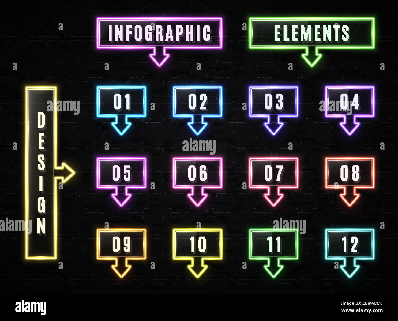 Neon Infographics elements on black brick background. Glowing color ...
