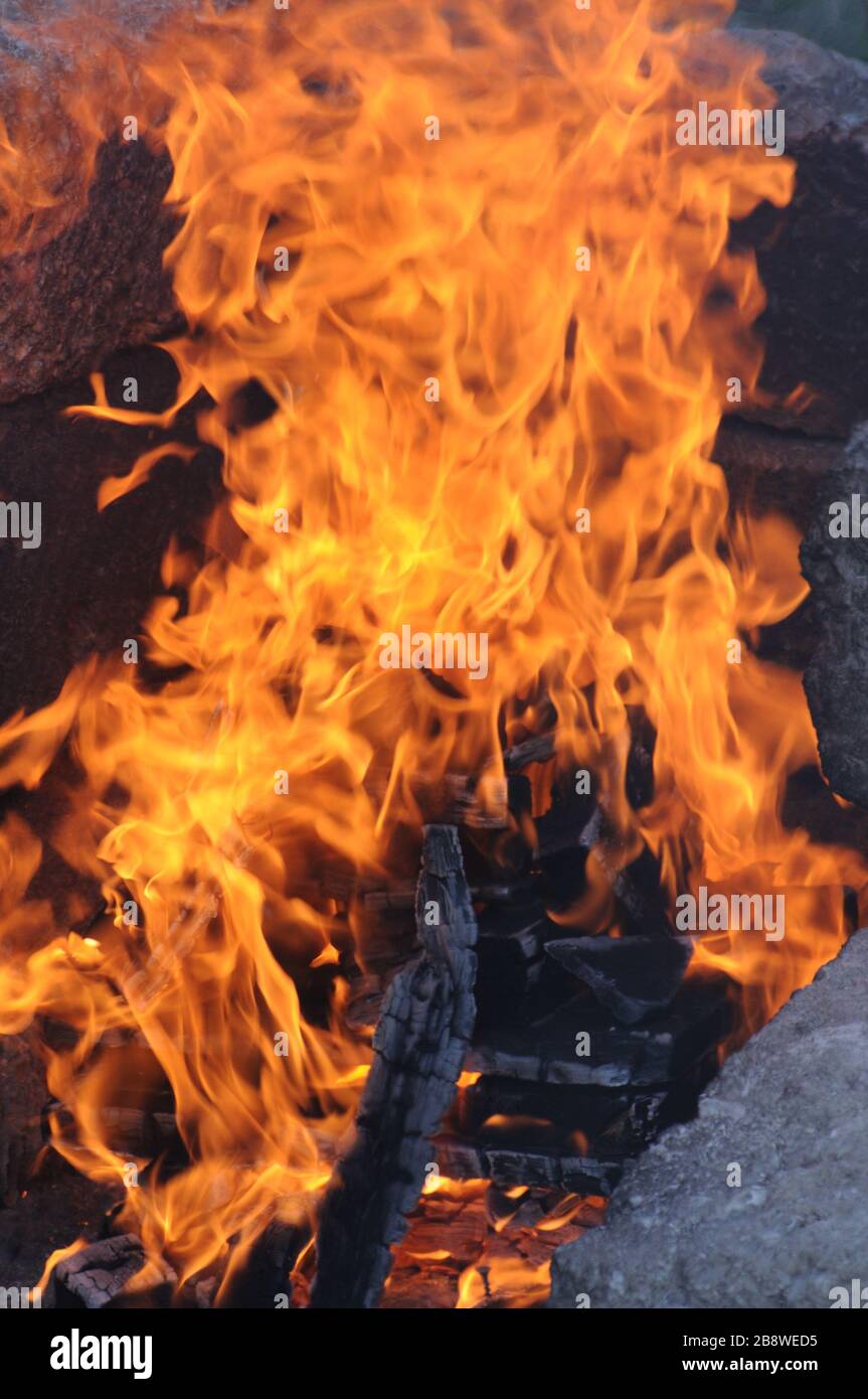 Campfire fire kindled in a camping trip Stock Photo - Alamy