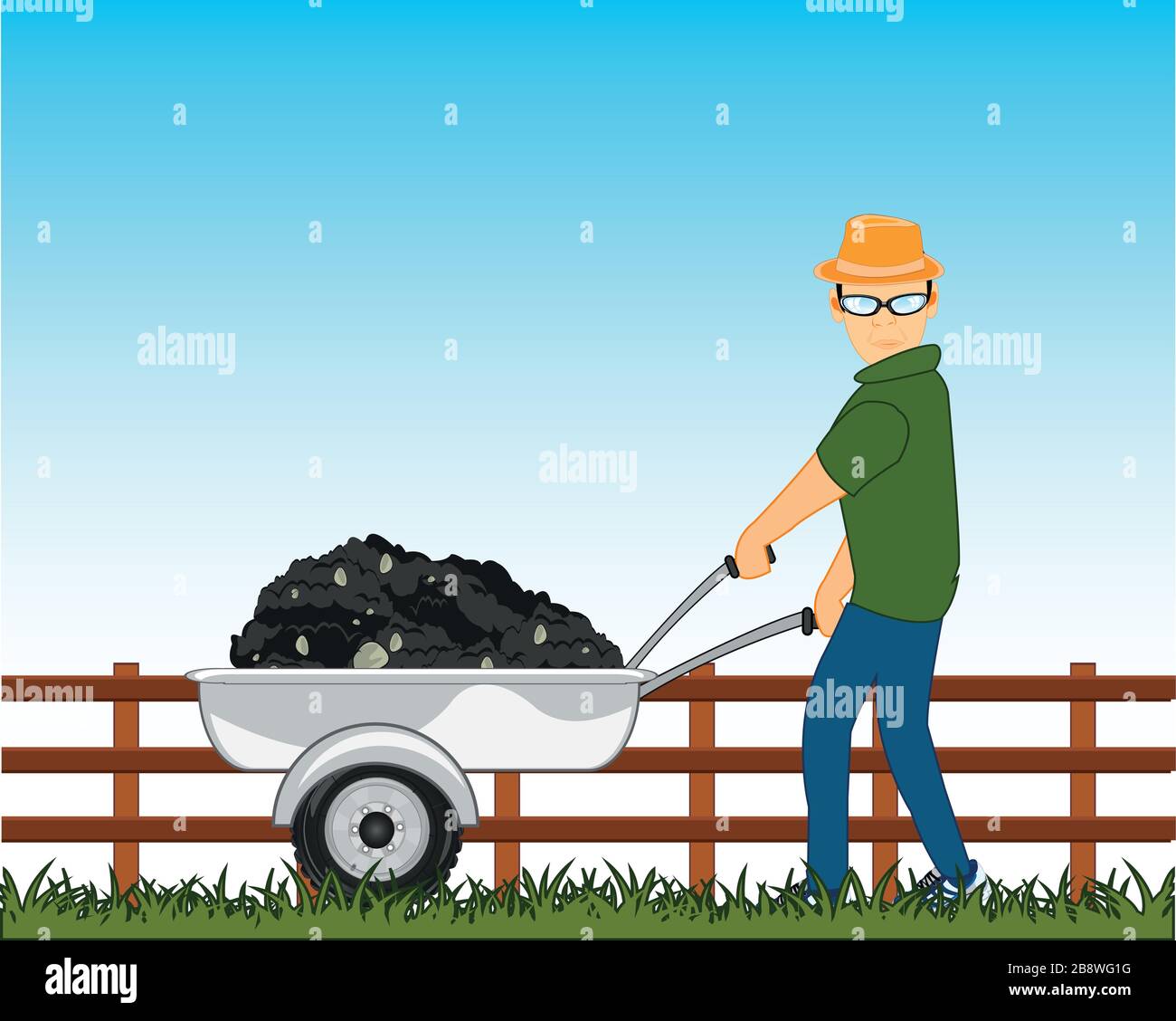 Vector illustration of the farmer with pushcart working at area Stock ...