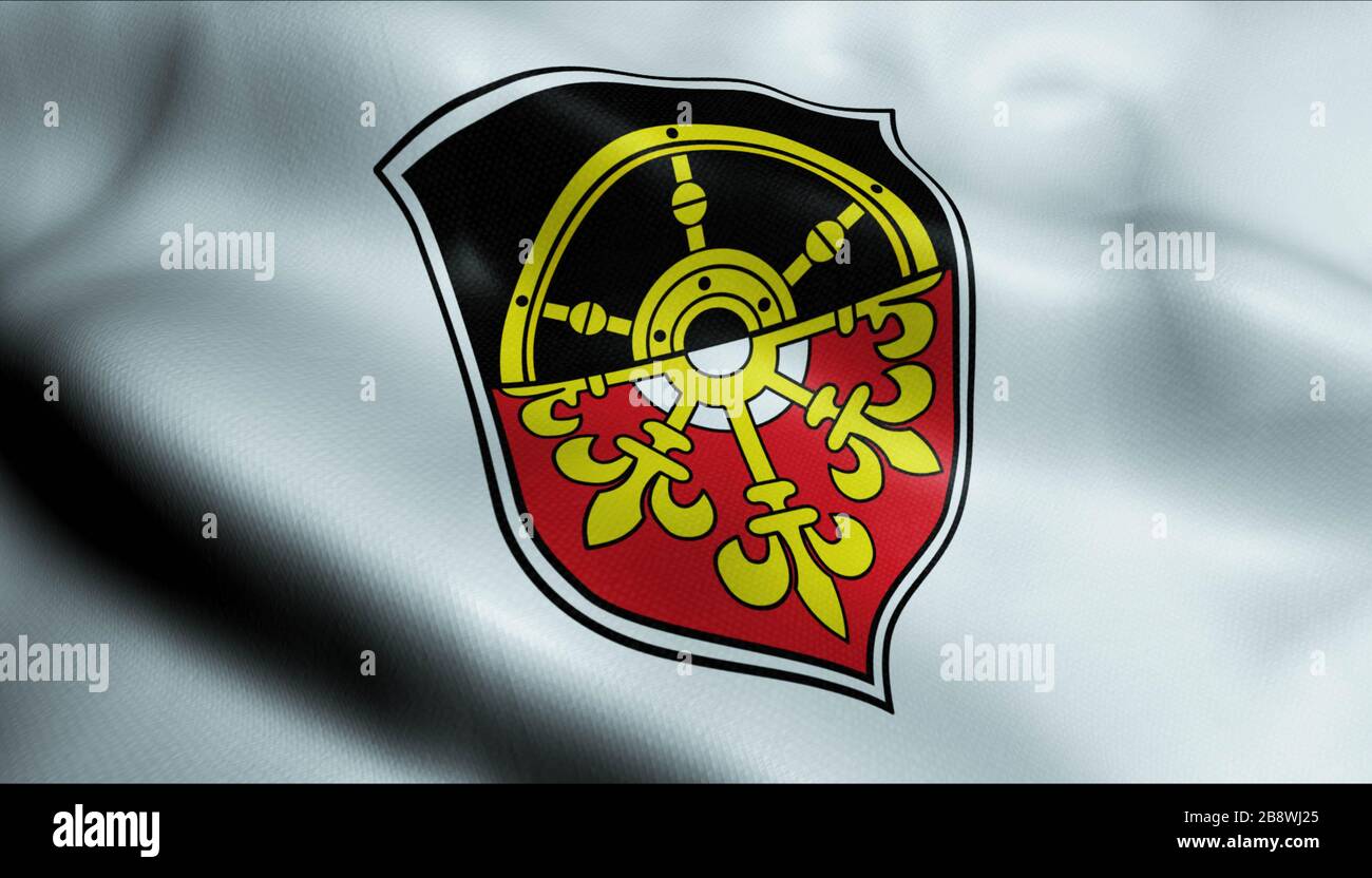3D Illustration of a waving coat of arms flag of Voerde (Germany ...