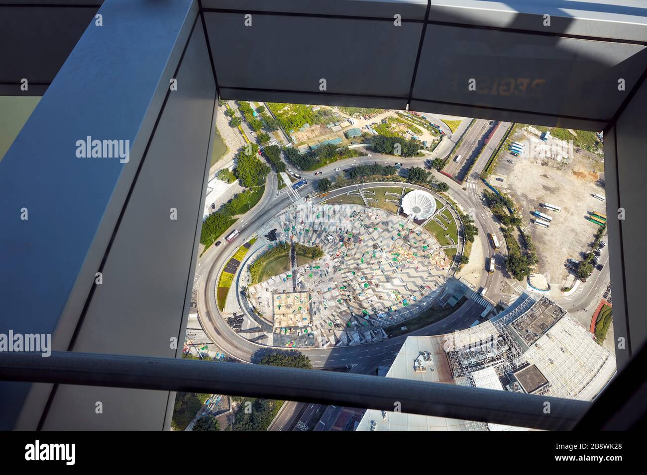 Aerial view of the circular road junction and construction site from ...