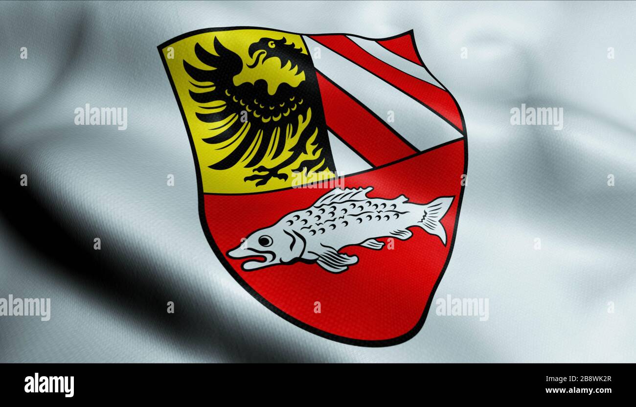 3D Illustration of a waving coat of arms flag of Velden (Germany ...