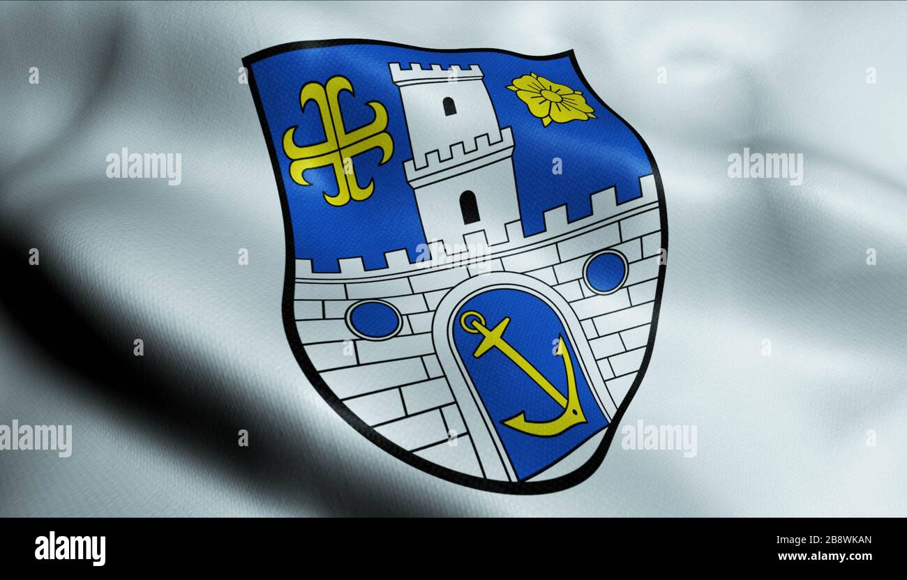 3D Illustration of a waving coat of arms flag of Varel (Germany country ...