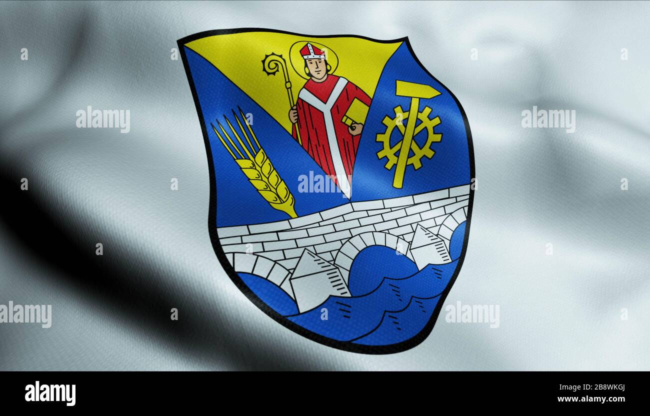 3D Illustration of a waving coat of arms flag of Vacha (Germany country ...