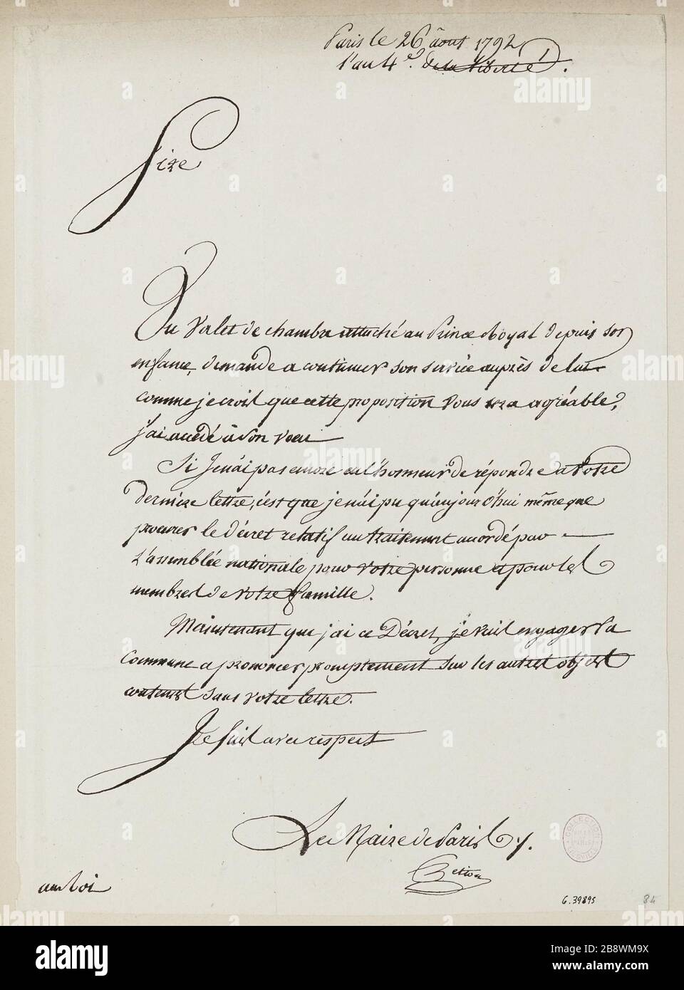 Letter Petion Louis XVI dated August 26, 1792, concerning the request ...