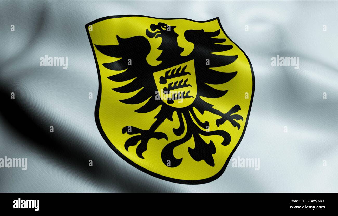 3D Illustration of a waving coat of arms flag of Trossingen (Germany ...