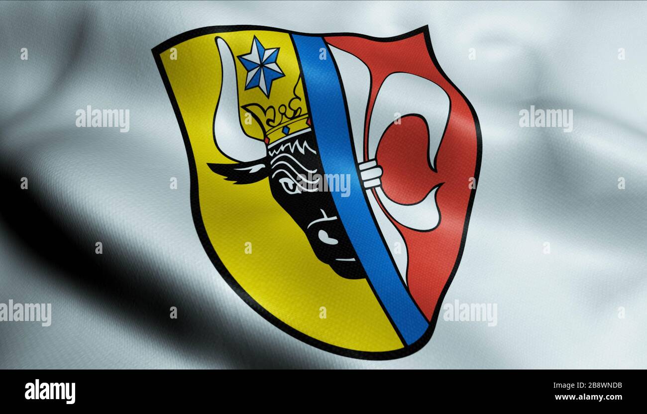 3D Illustration of a waving coat of arms flag of Tessin (Germany ...
