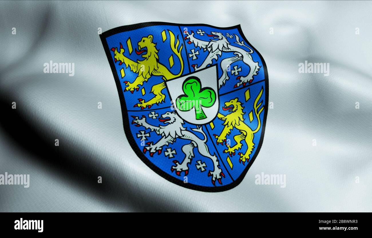 3D Illustration of a waving coat of arms flag of Usingen (Germany ...