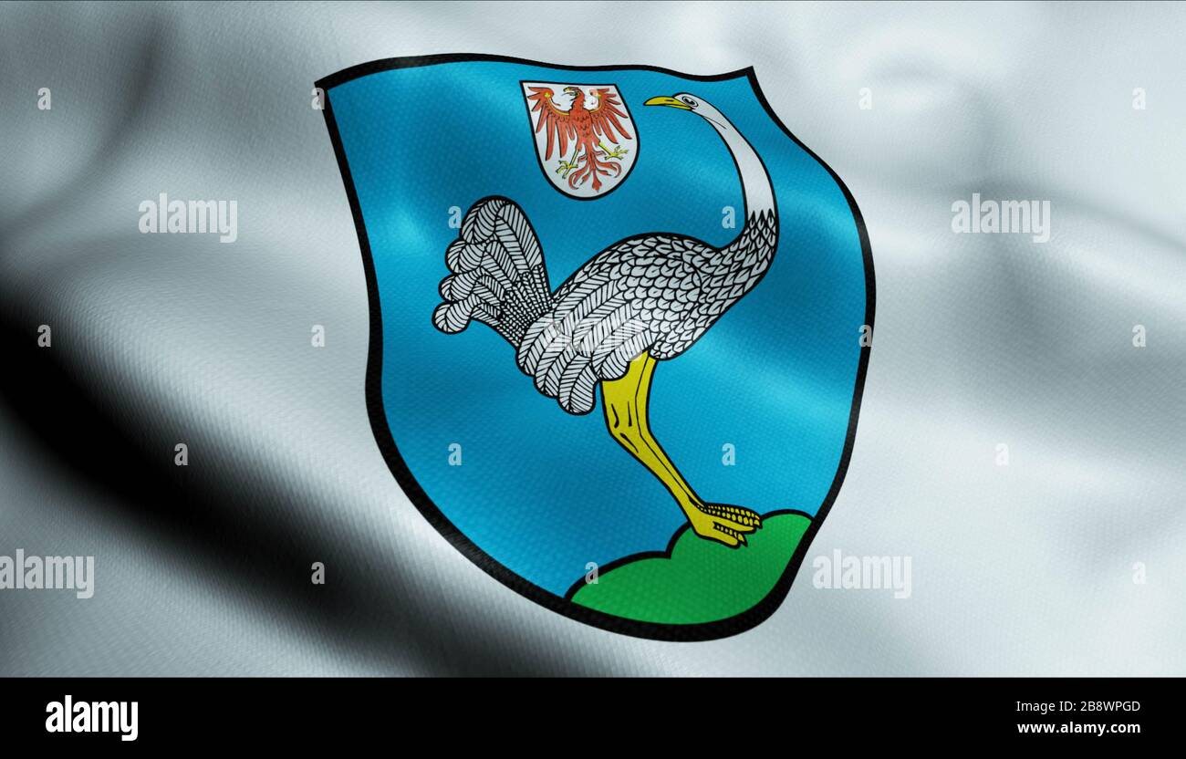 3D Illustration of a waving coat of arms flag of Strausberg (Germany ...