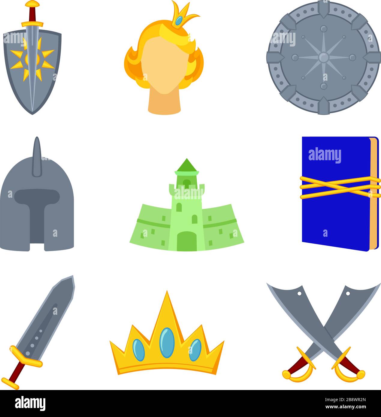 9 cartoon colorful fantasy elements. Historical festival props. Fairy ...