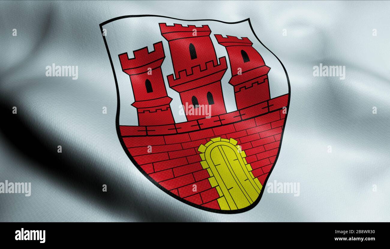 3D Illustration of a waving coat of arms flag of Steinheim (Germany ...