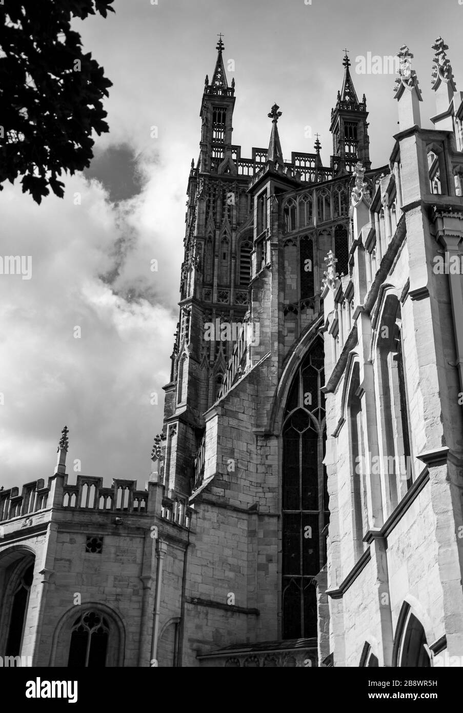 A monochrome image of the central tower of the Gothic Gloucester ...