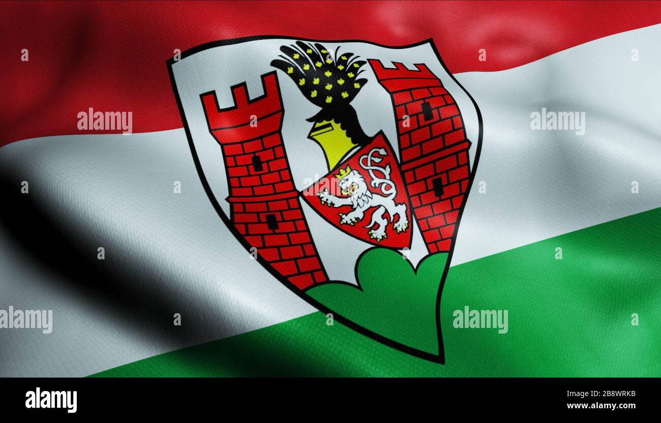 3D Illustration of a waving coat of arms flag of Spremberg (Germany ...
