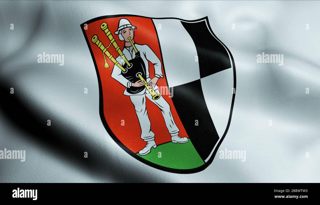 3D Illustration of a waving coat of arms flag of Selbitz (Germany ...