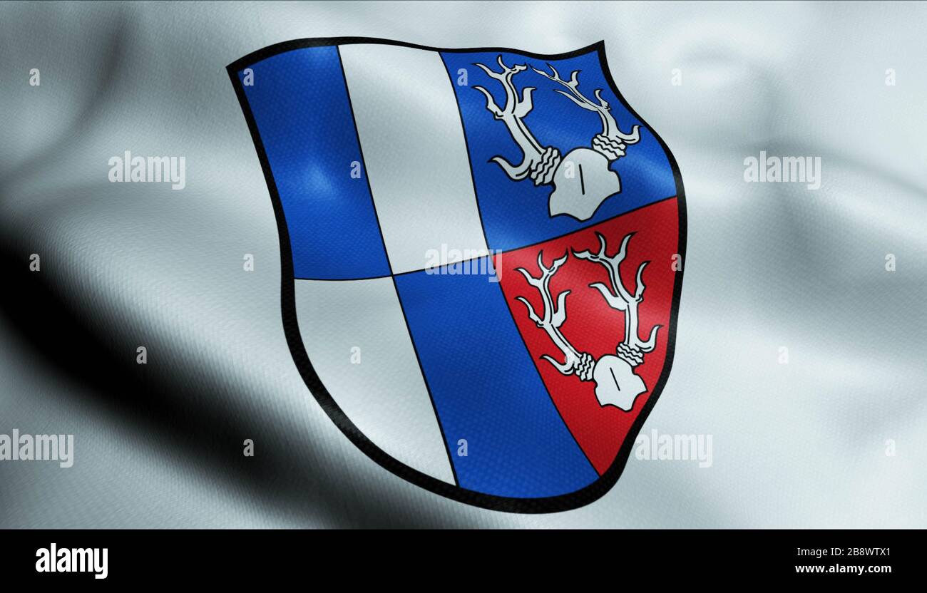 3D Illustration of a waving coat of arms flag of Selb (Germany country ...