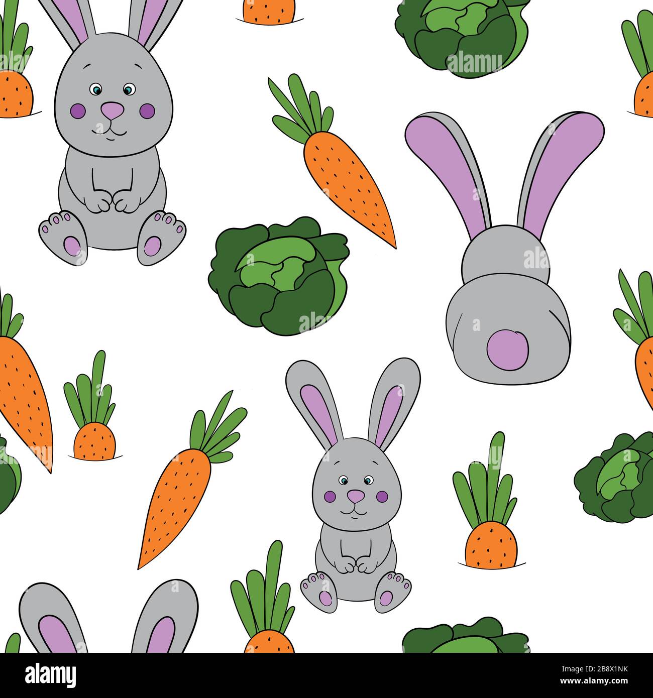 Seamless pattern with colored rabbits, flowers, carrots and cabbage on ...