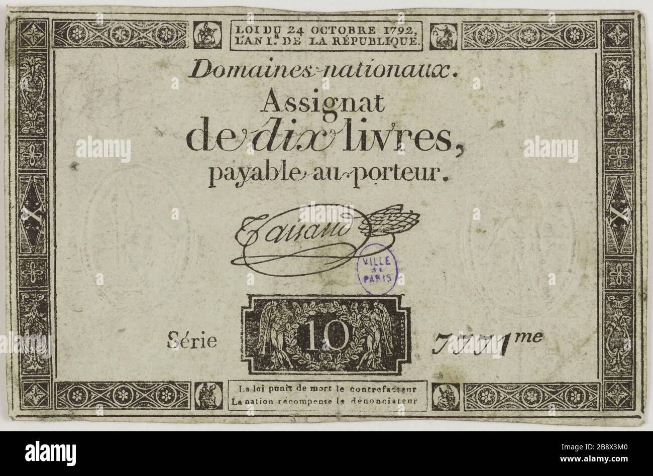 Assignat 10 pounds, 7771me series, October 24, 1792 (dummy Title ...