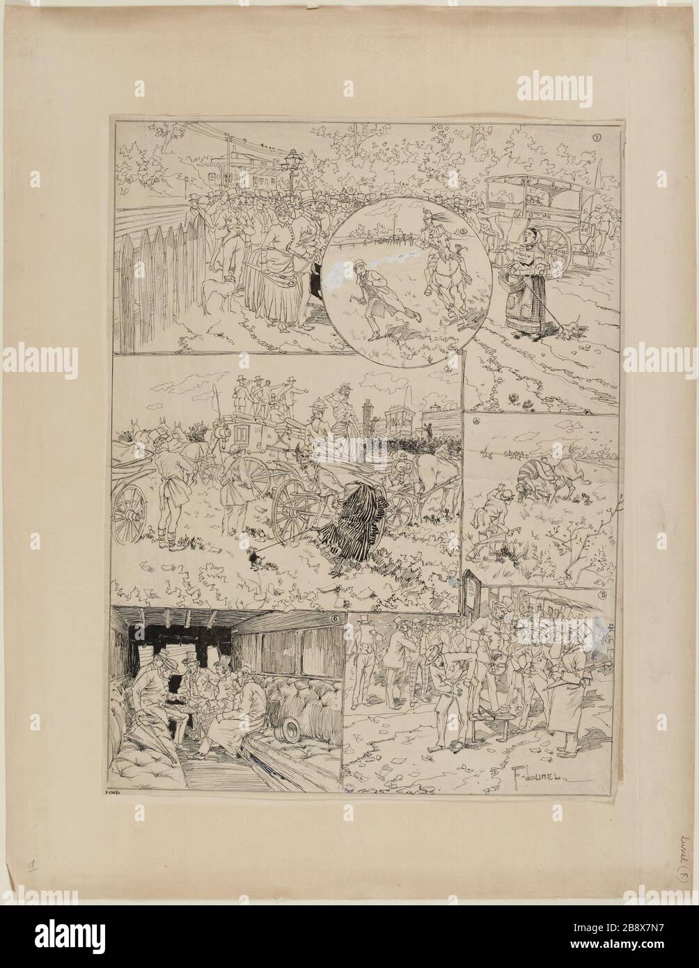 sketch page with several genre scenes Stock Photo - Alamy