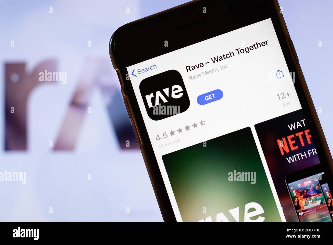 Los Angeles, California, USA - 24 March 2020: Rave app logo on phone ...