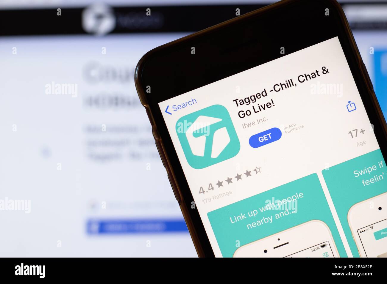 Los Angeles, California, USA - 24 March 2020: Tagged app logo on phone ...
