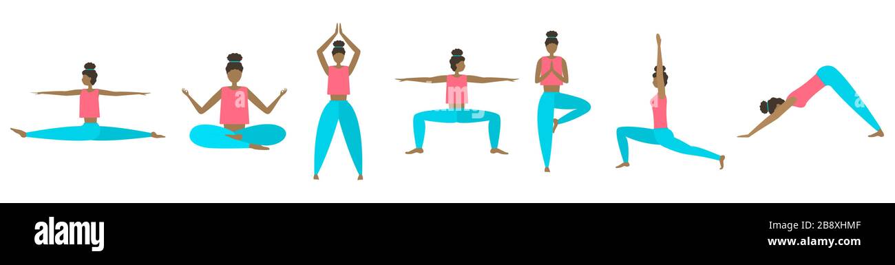 Vector yoga poses set. Clear bright colors. Modern flat style Stock ...