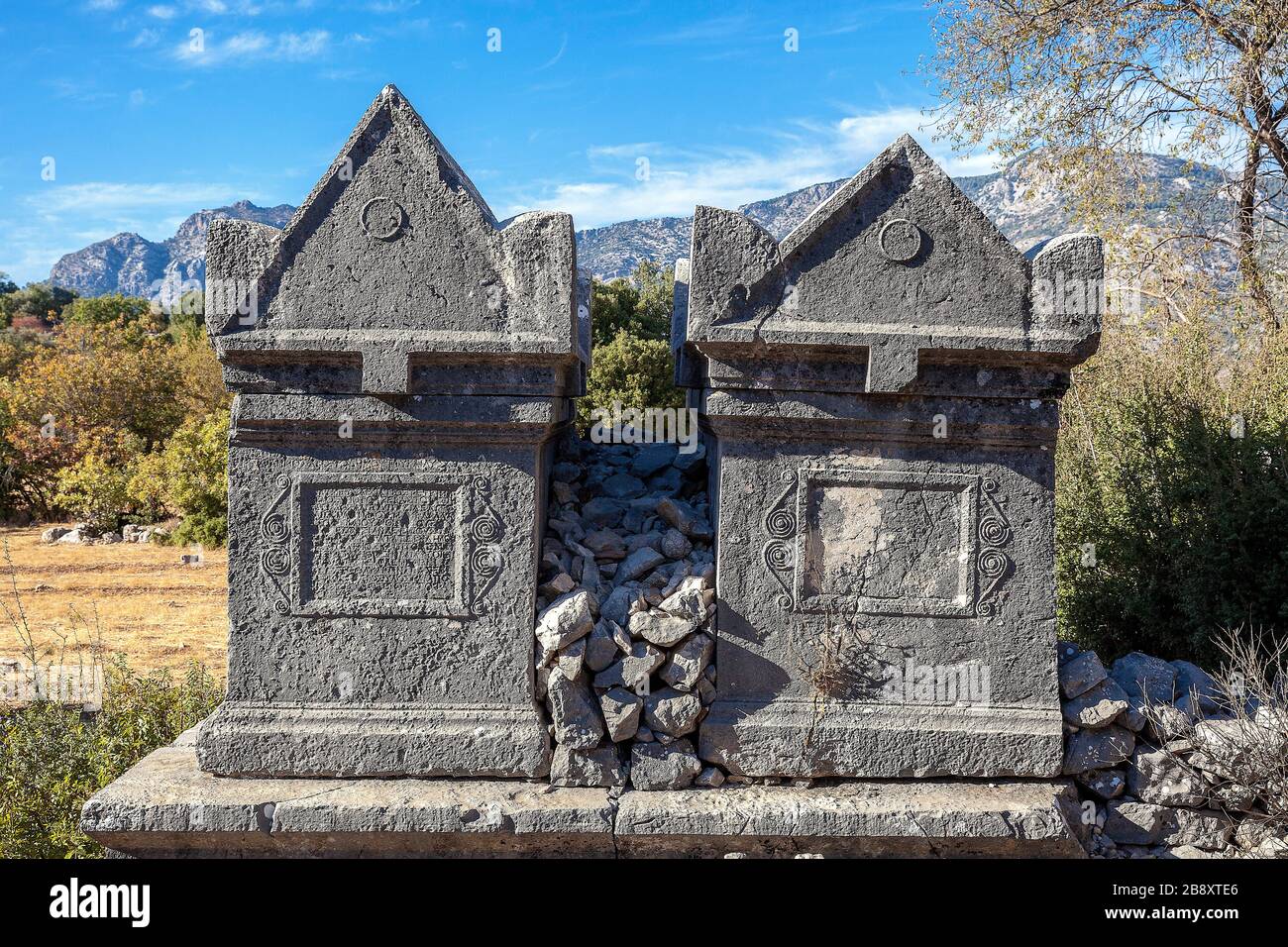 The ancient city of Sidyma from the village of Dodurga. Fethiye, Mugla ...