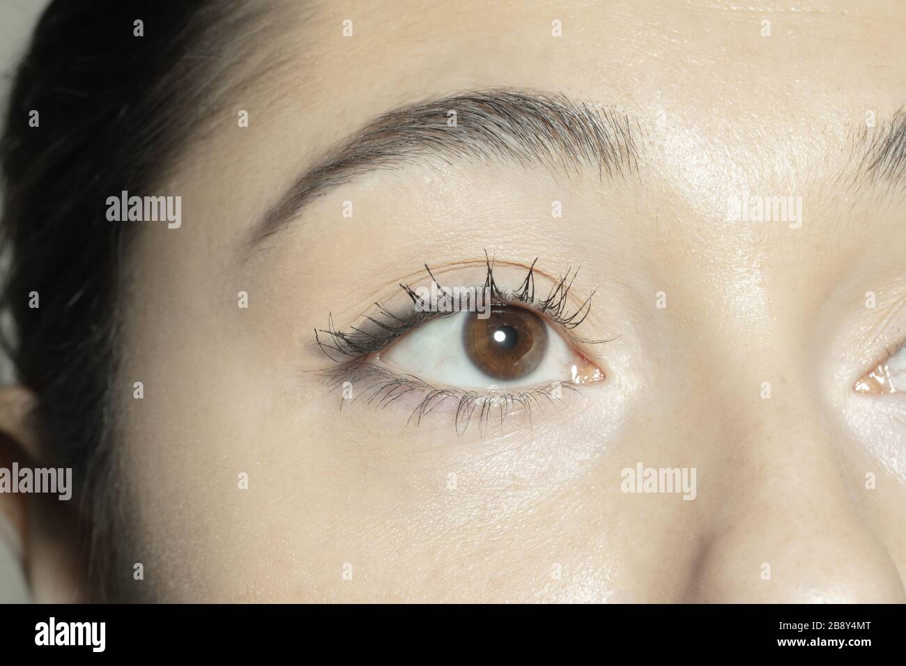 Attented. Close up of face of beautiful caucasian young woman, focus on ...