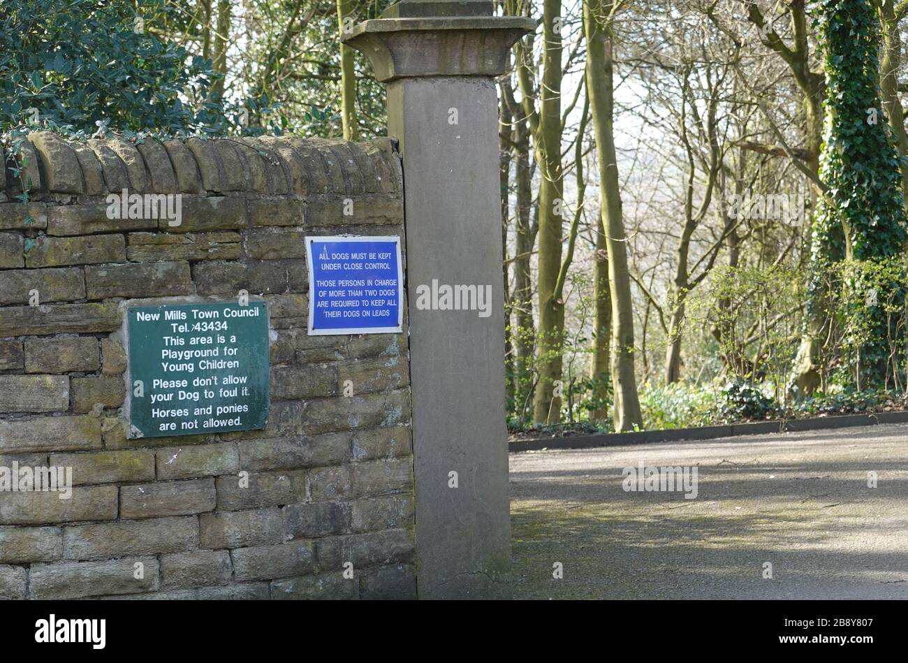 Notices on an entrance to High Lea Park, New Mills, Derbyshire Stock ...