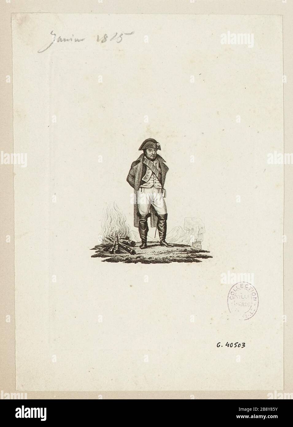 Napoleon standing, coat, hands behind his back, near a campfire Stock ...