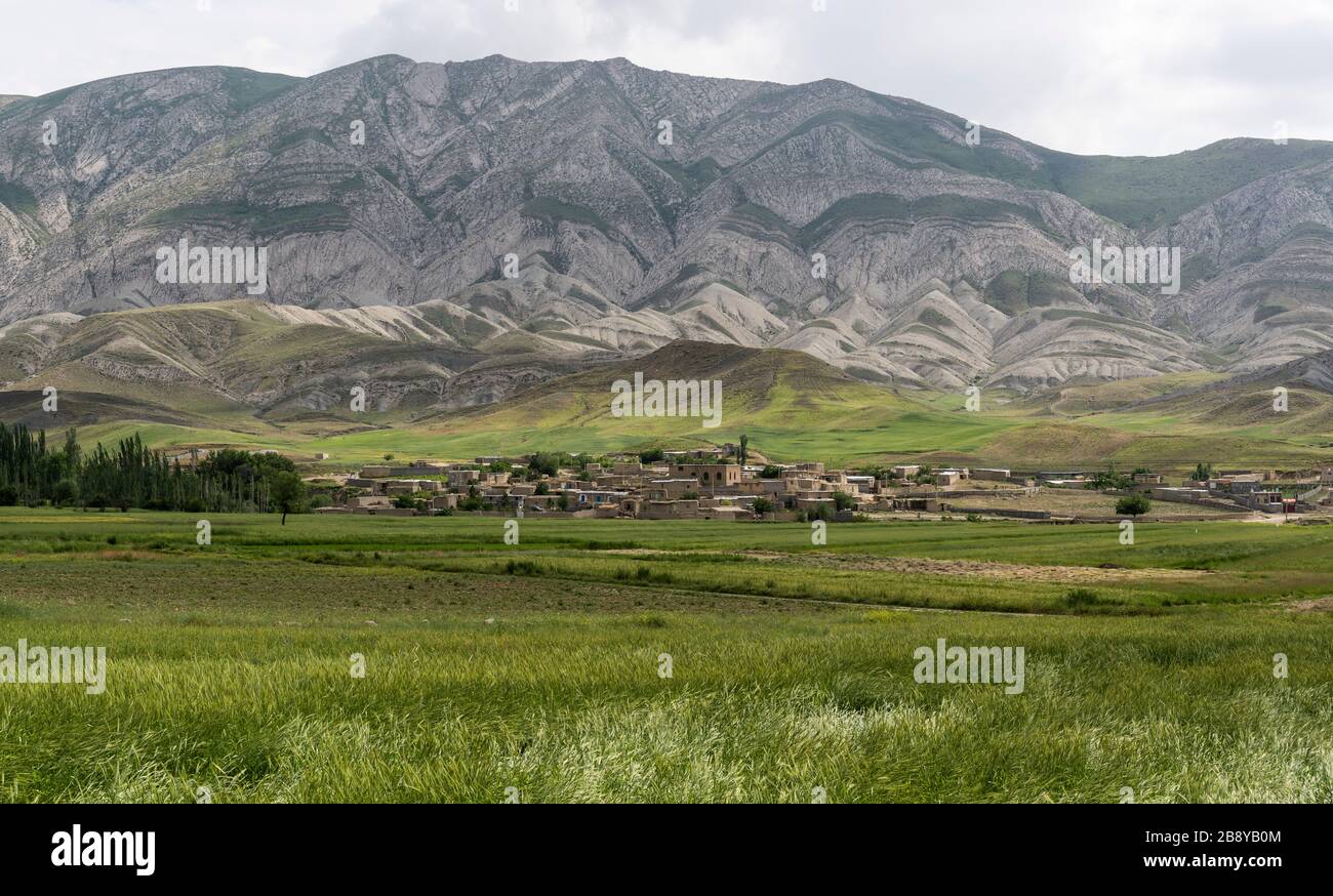 Landscape at Farooj with small village in the province of Razavi ...