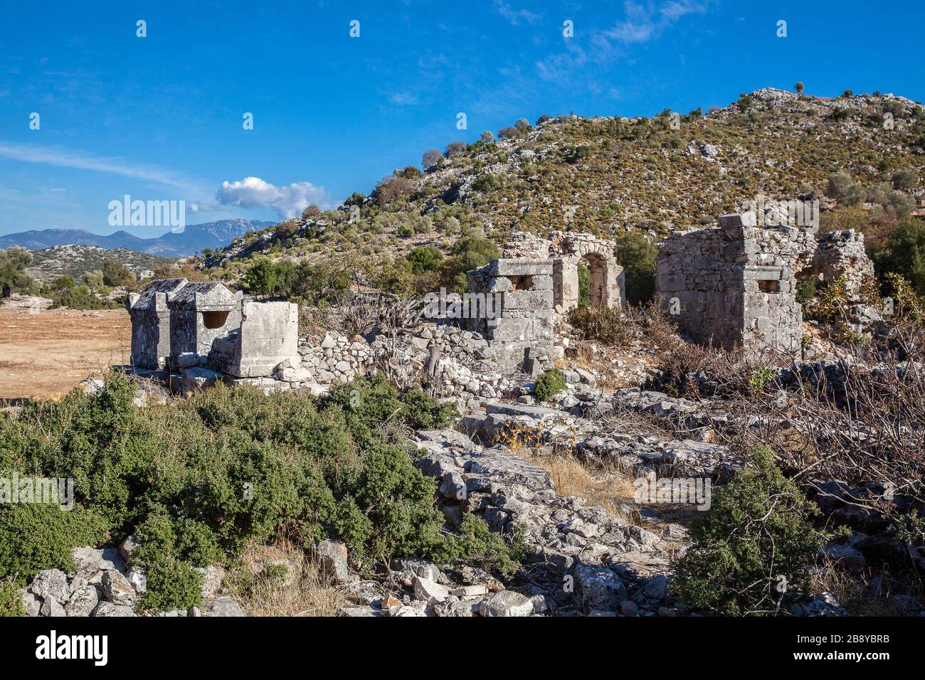 The ancient city of Sidyma from the village of Dodurga. Fethiye, Mugla ...