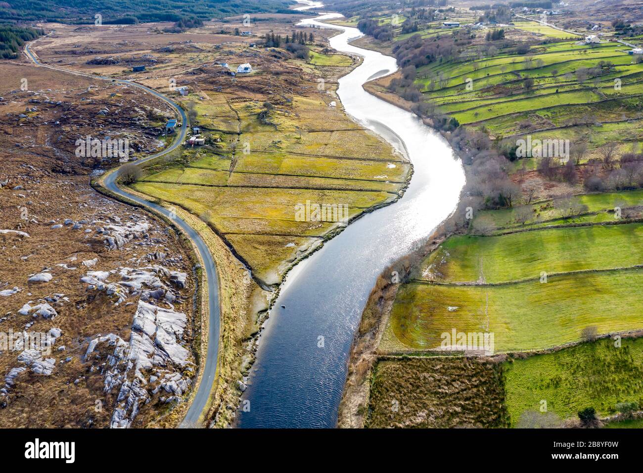 Aerial view of Gweebarra River between Doochary and Lettermacaward in ...