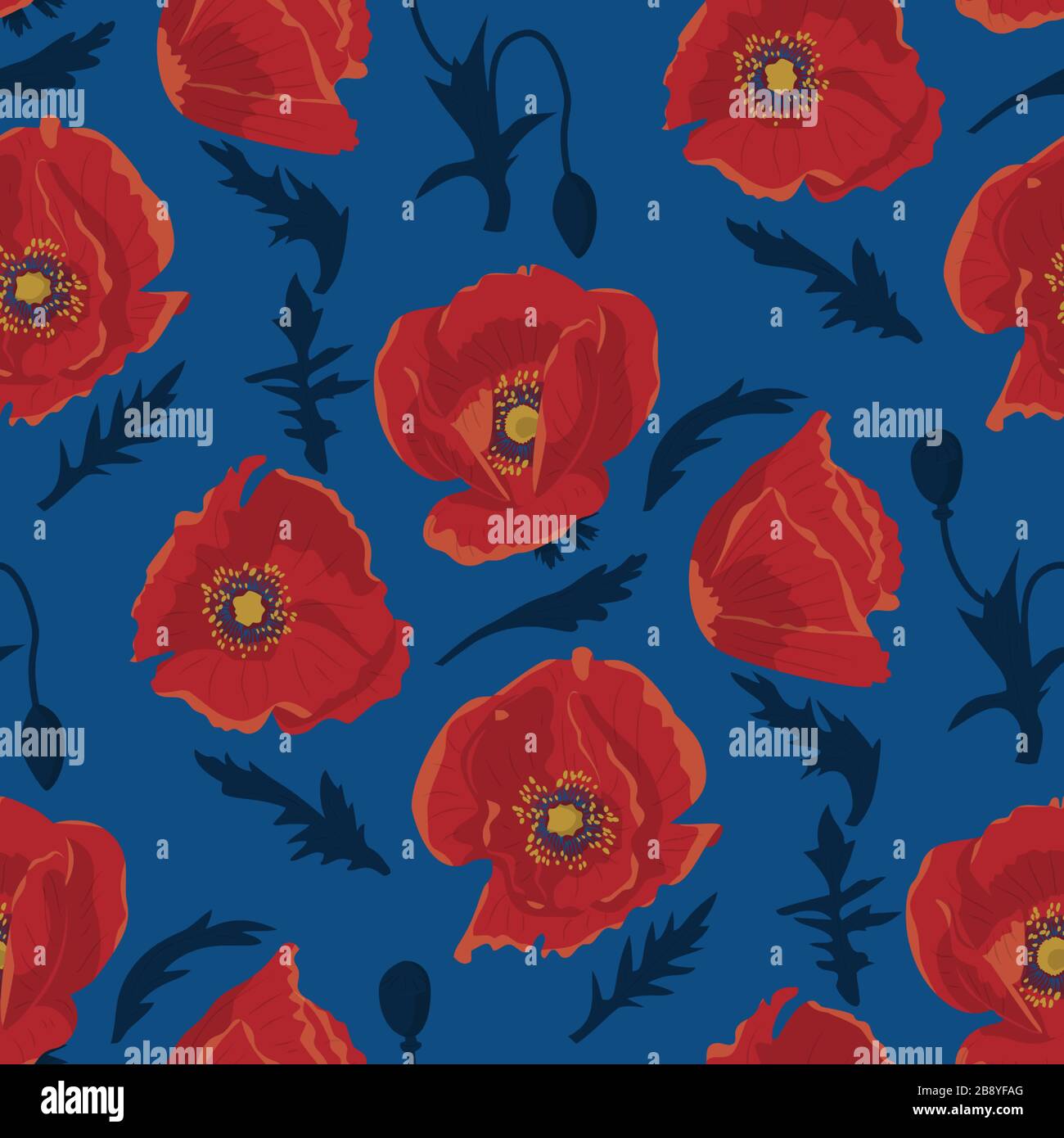 Seamless pattern with hand drawn red poppy flowers on blue background ...