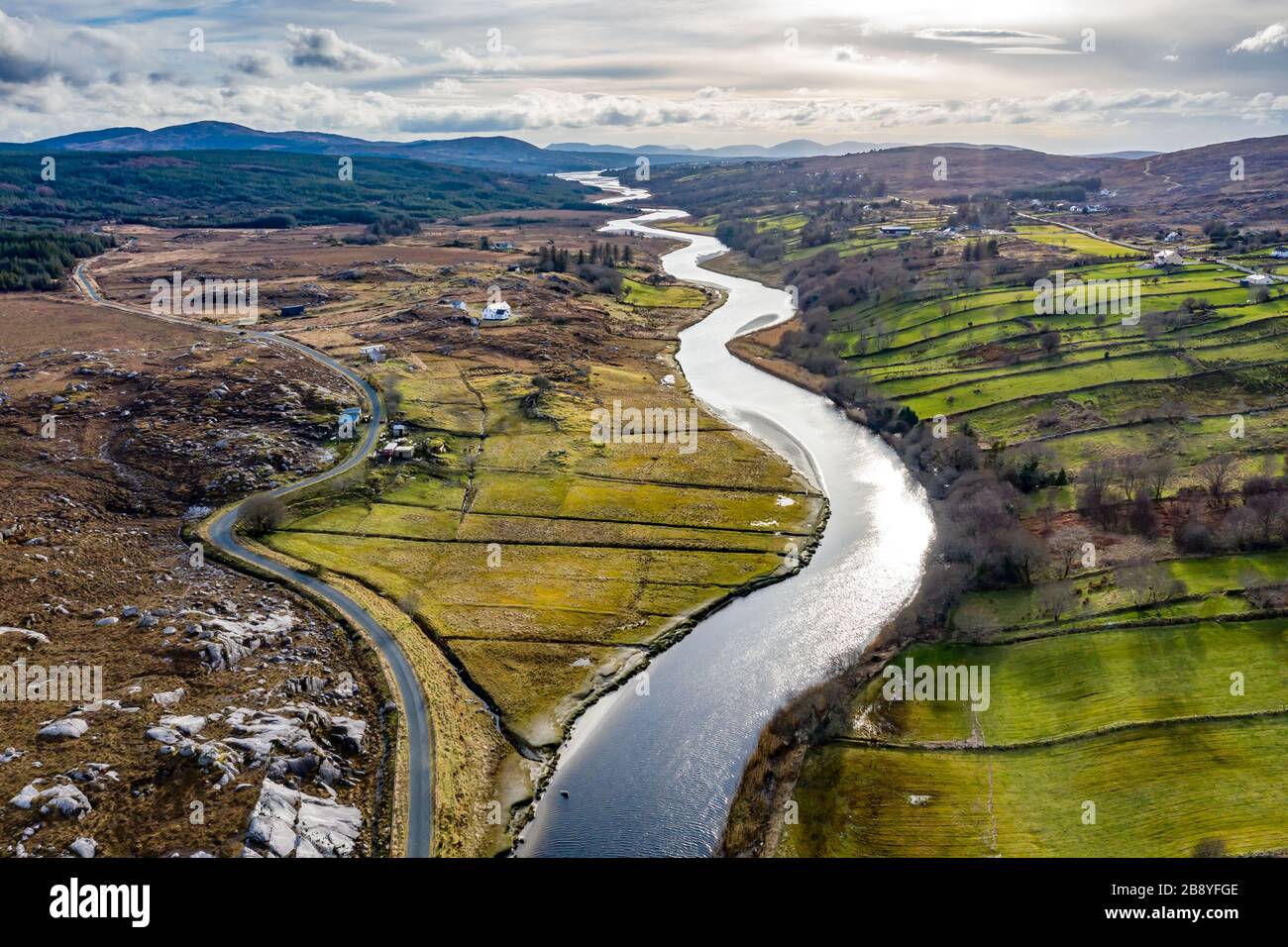 Aerial view of Gweebarra River between Doochary and Lettermacaward in ...