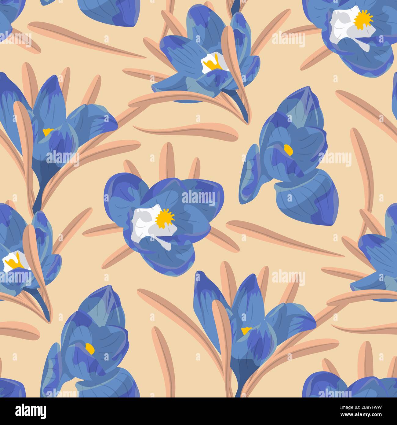 Hand drawn blue crocus flowers seamless floral pattern. On pink ...