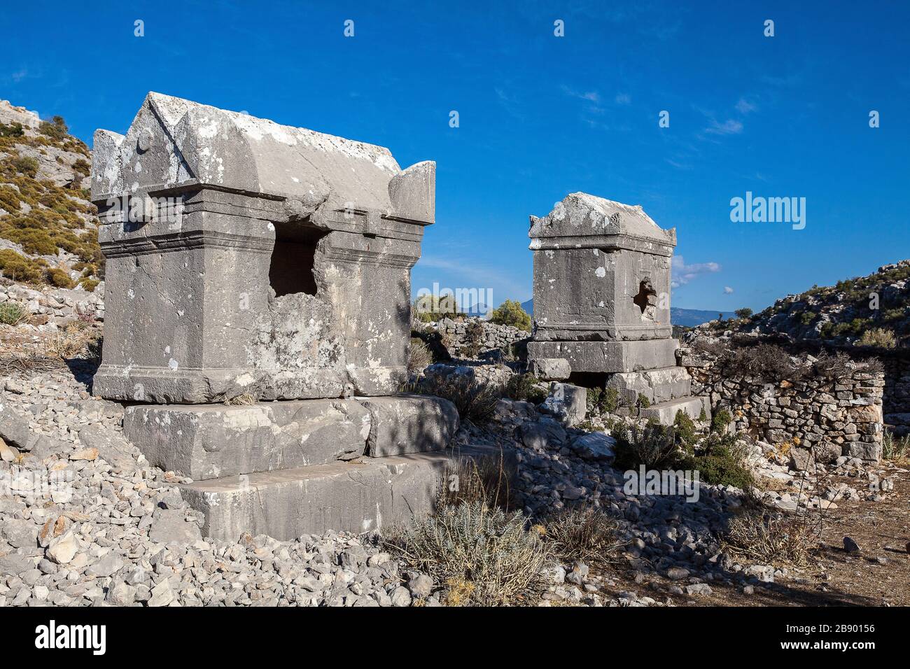 The ancient city of Sidyma from the village of Dodurga. Fethiye, Mugla ...