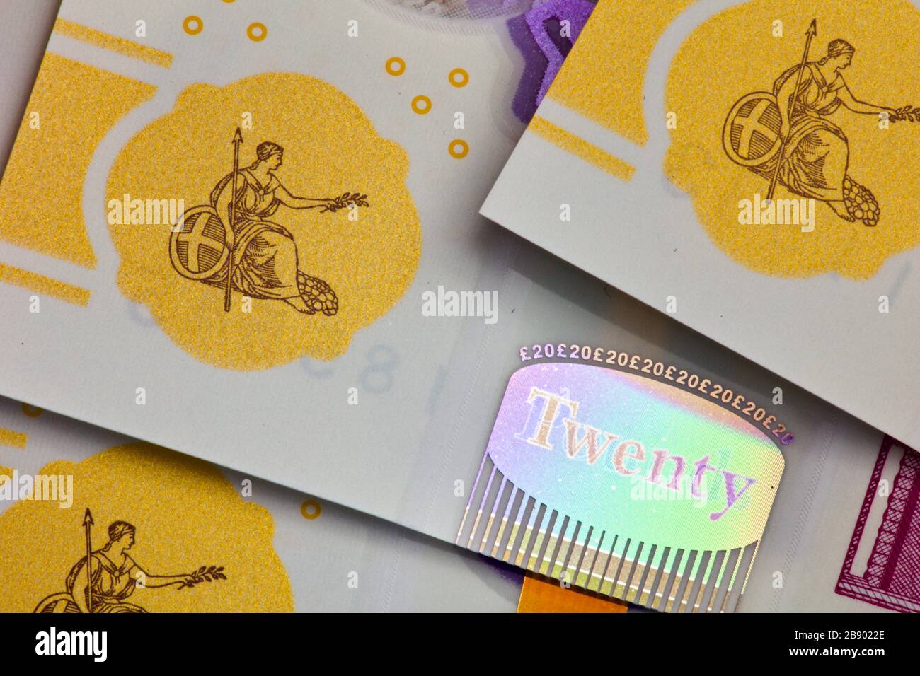 Closeup of the Bank of England Britannia logo on the new £20 banknote ...