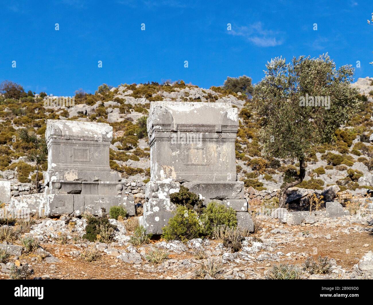 The ancient city of Sidyma from the village of Dodurga. Fethiye, Mugla ...