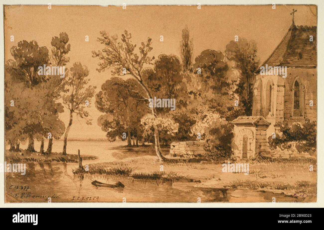 Landscape with a pond and church apse Richard-Parkes Bonington (1801 ...