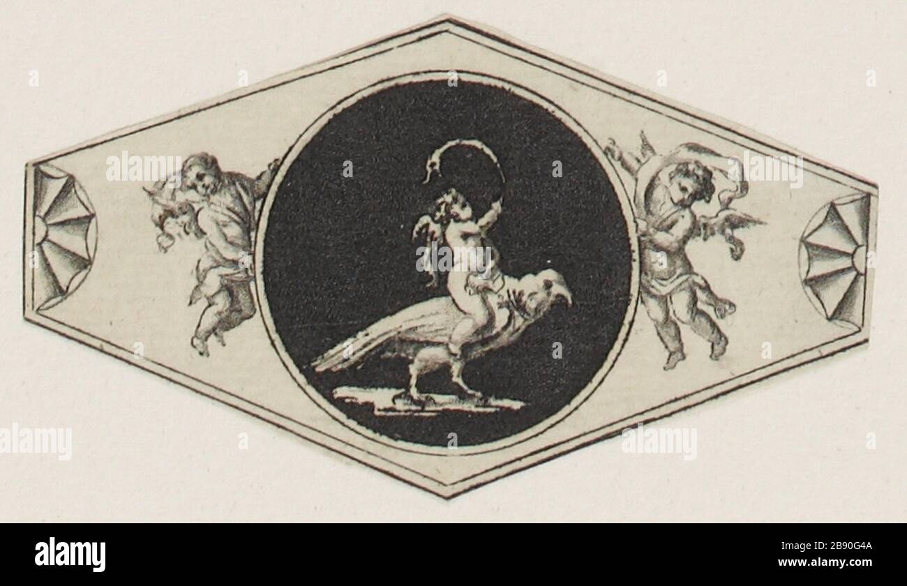 Putto on a bird and blowing horns Stock Photo - Alamy