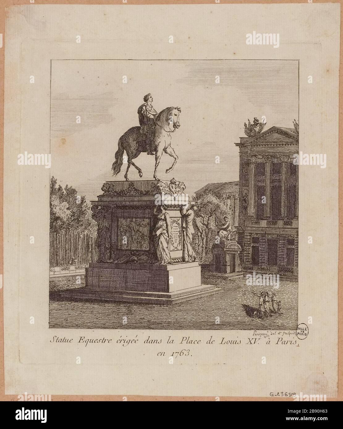 Equestrian statue erected in the Place Louis XV. in Paris / 1763 Stock ...