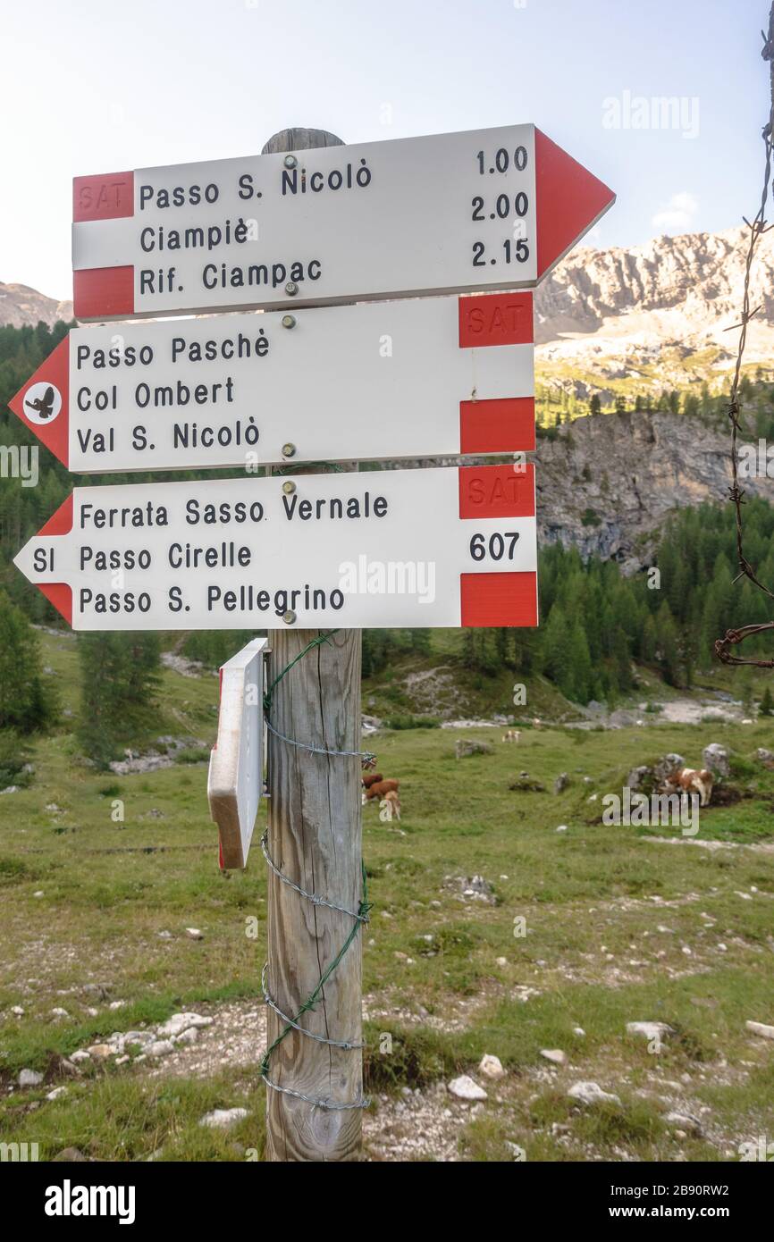 Hiking trail and rifugio signs in Val Contrin in the Dolomites, Italy ...